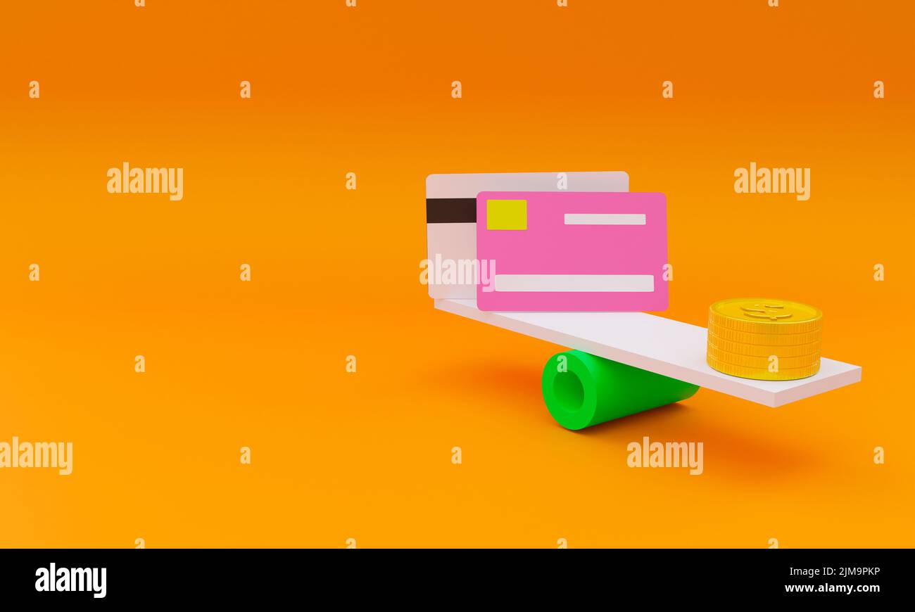 A 3D illustration of credit cards with coin on a balanced table on an ...