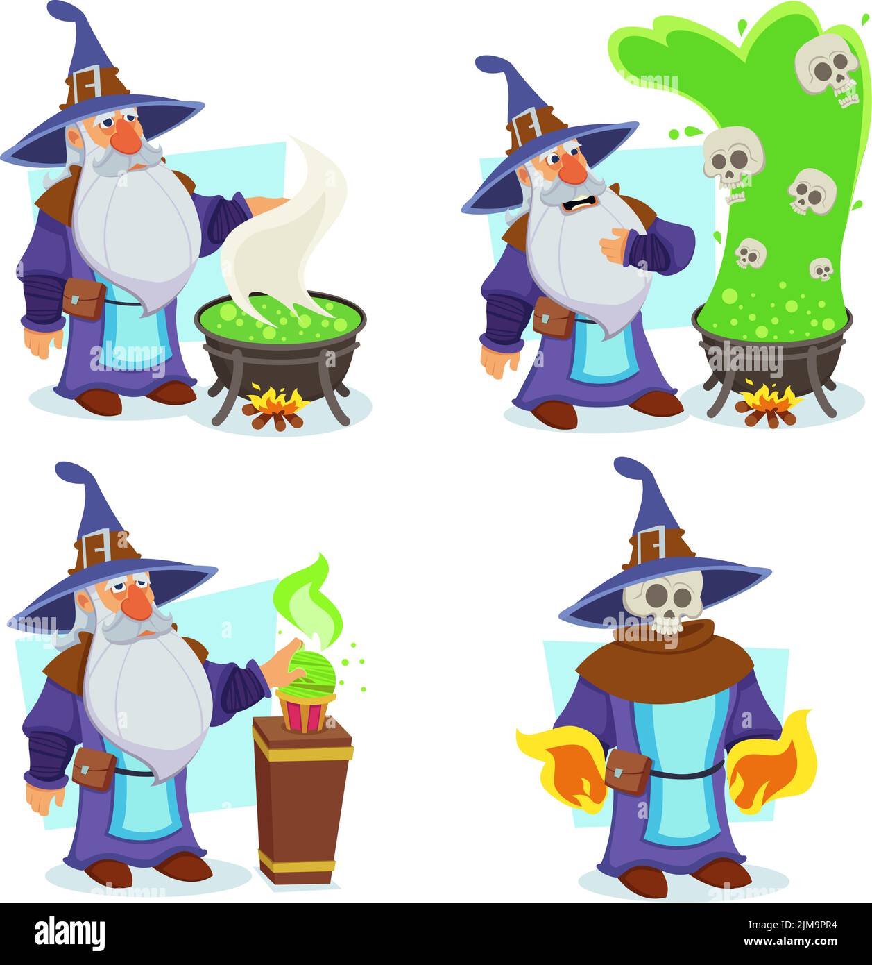 Set of hand-drawn wizards cooking potion, scaring of skulls, using ...