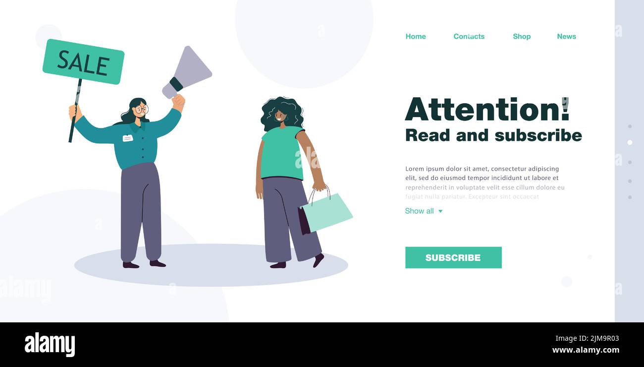 Shop assistant holding sale sign and megaphone. Worker inviting to ...