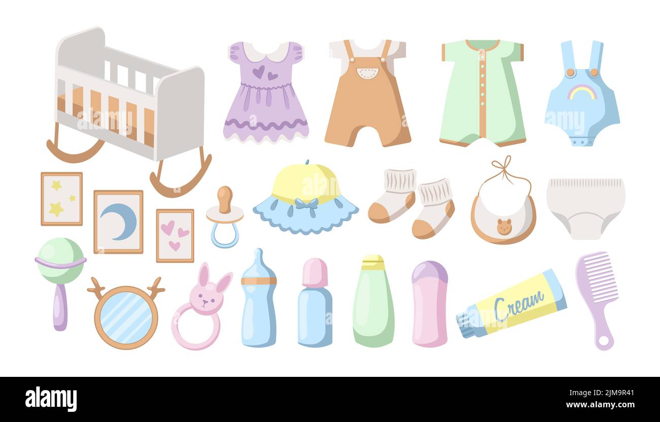 Newborn baby clothes and furniture cartoon illustration set. Collection ...