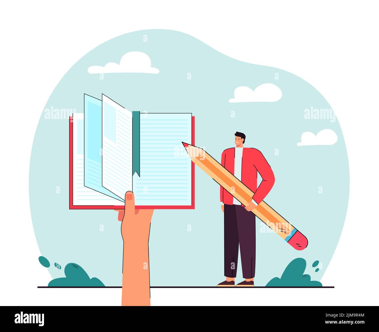 Tiny author with pencil writing, editing information. Hand holding open ...