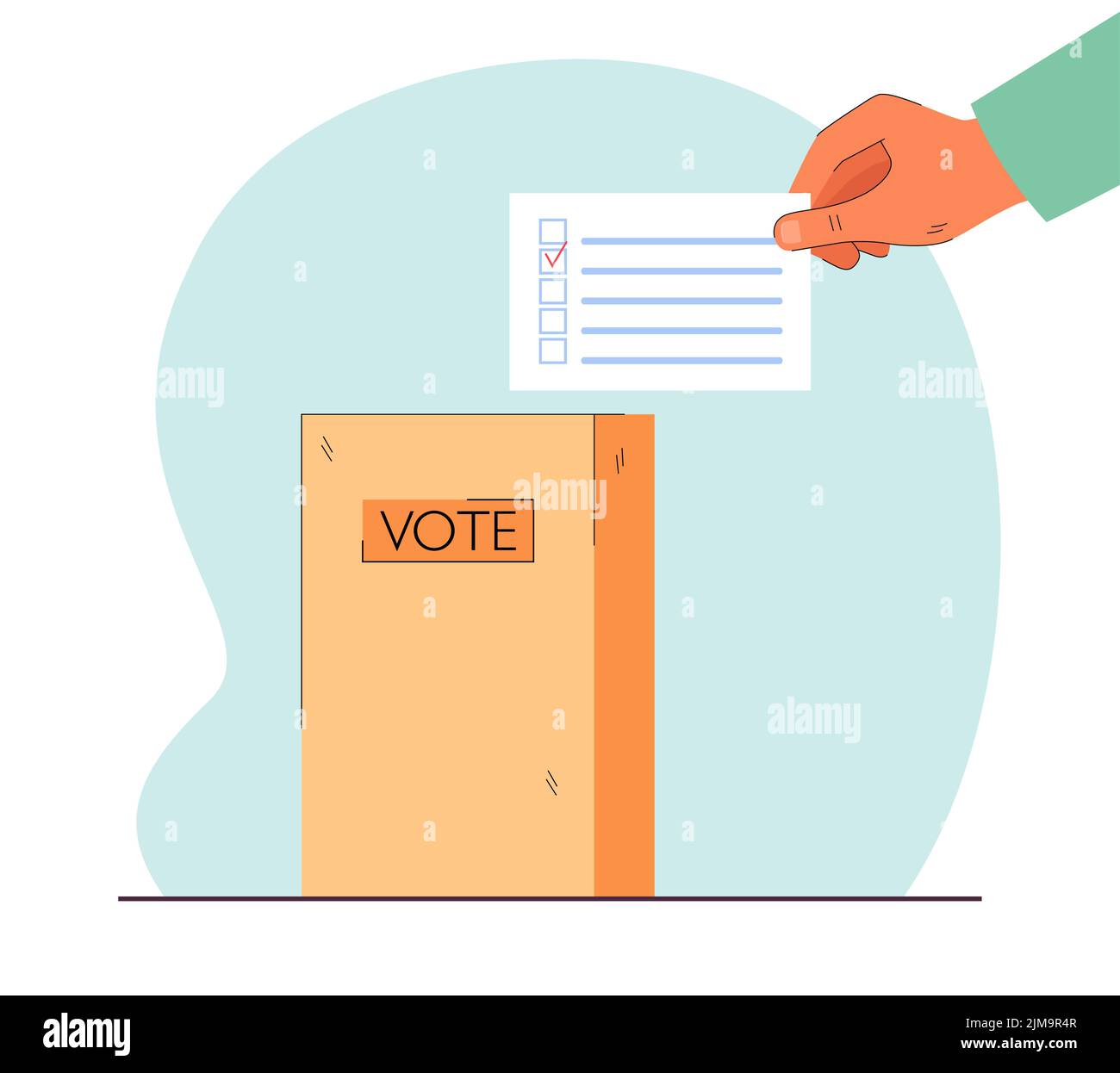 Hand putting voting bulletin into box. Document with lines with red ...