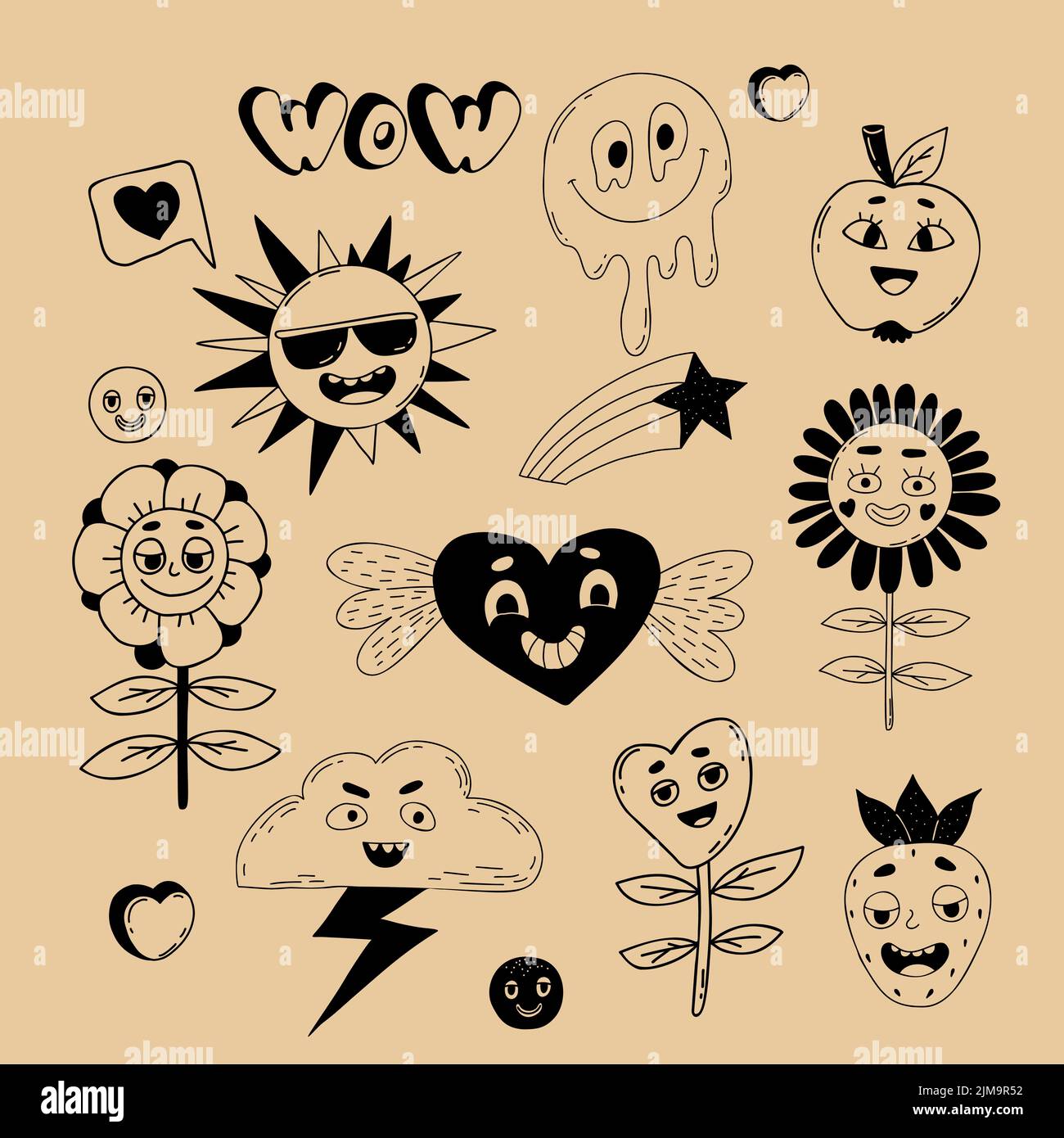 Retro collection of groovy elements. Funny cartoon characters with ...