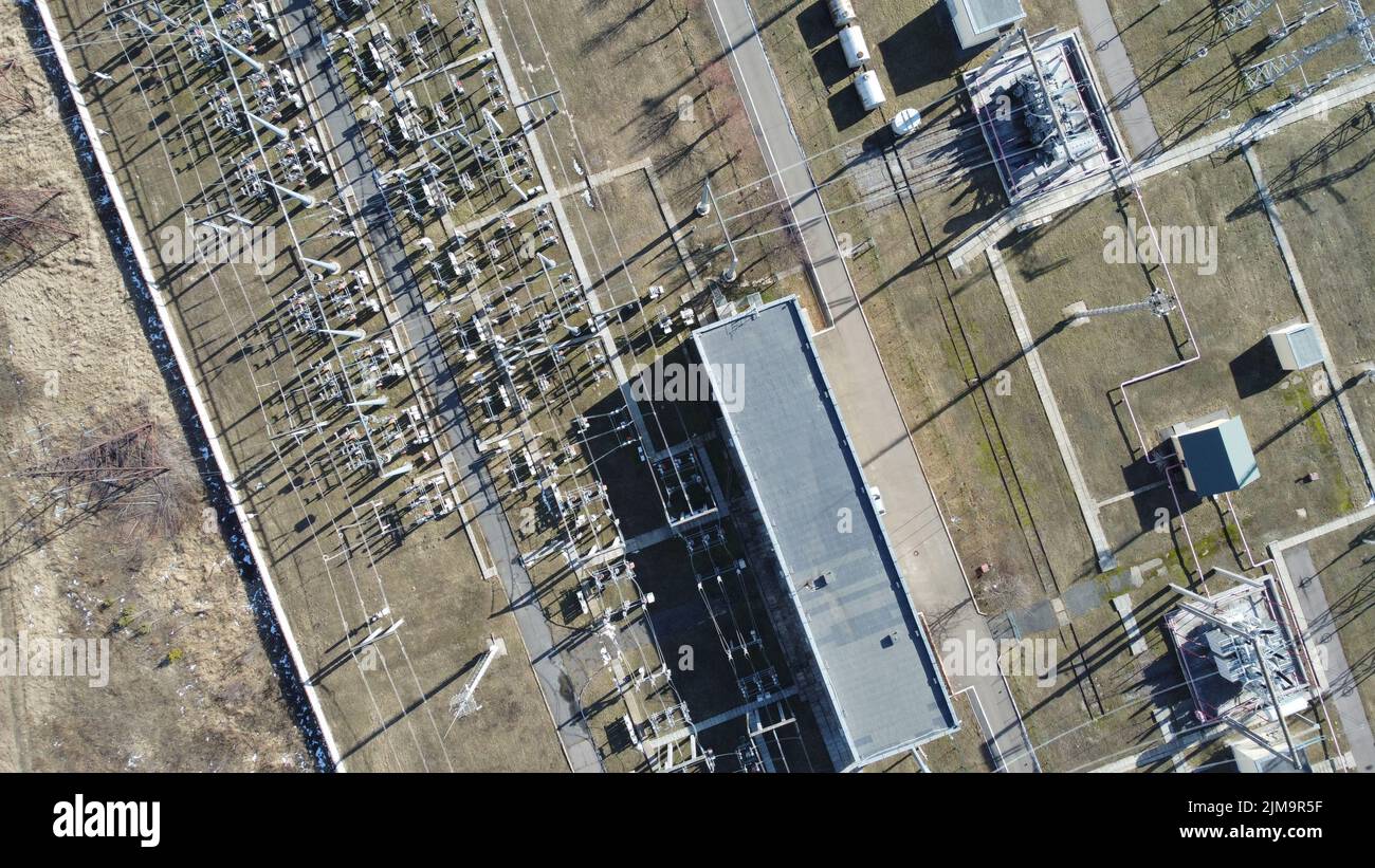 An aerial top view of an electrical power station on a sunny day Stock ...