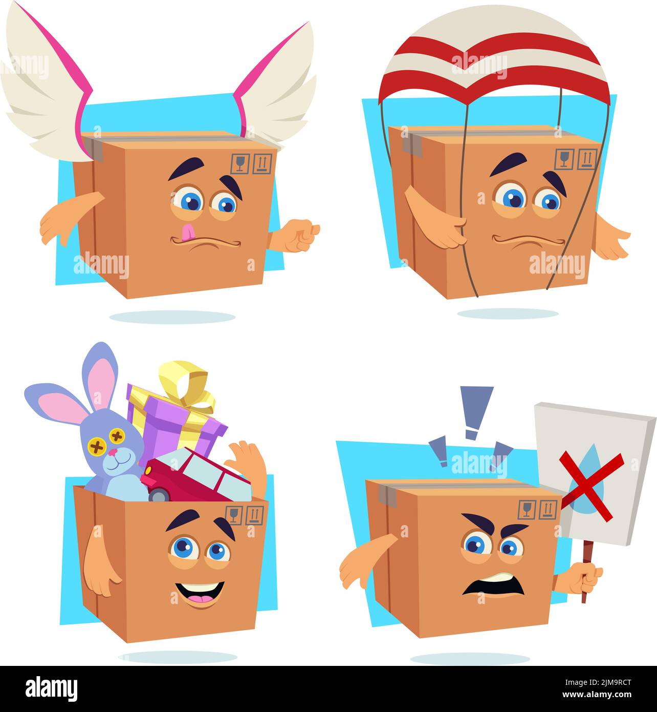 Set of hand-drawn cardboard boxes flying on wings and parachute ...