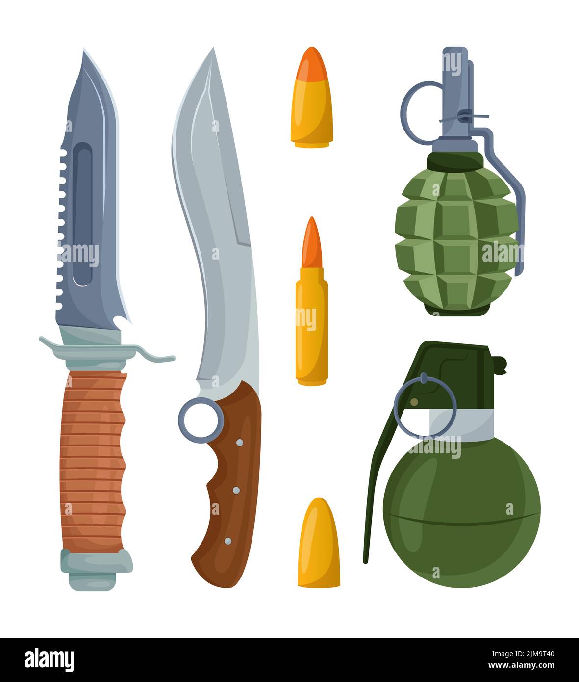 Sharp knives, bullets and grenades cartoon illustration set. Military equipment for soldiers on ...
