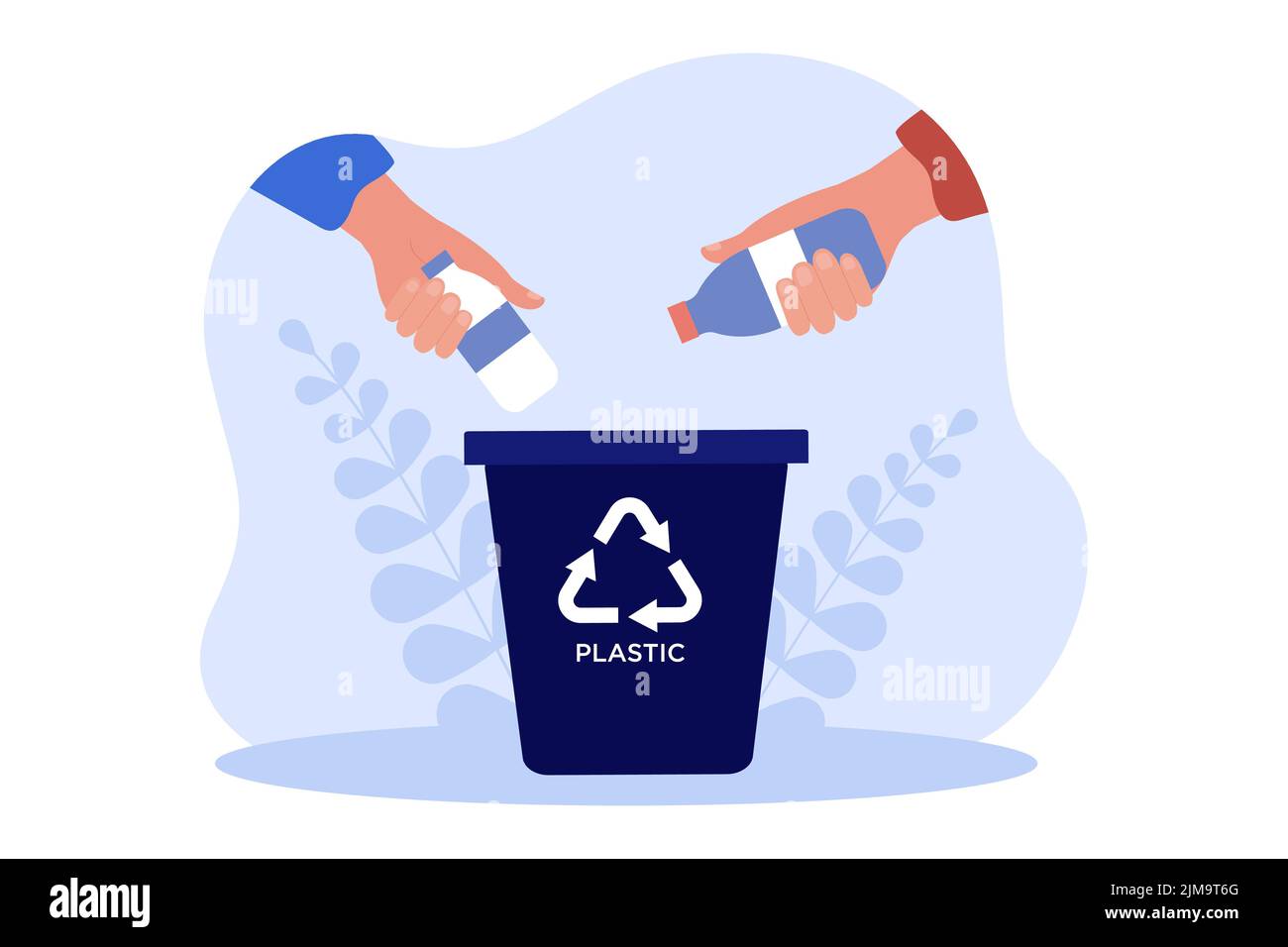 Hands holding plastic bottles to throw into trash container. Persons ...