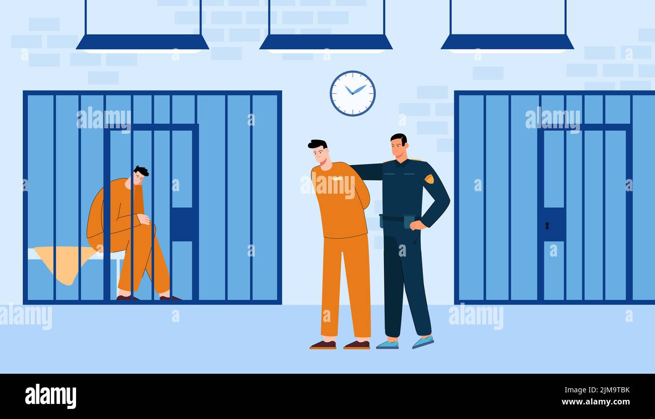 Policeman leading criminal to prison room. Jail in police department ...