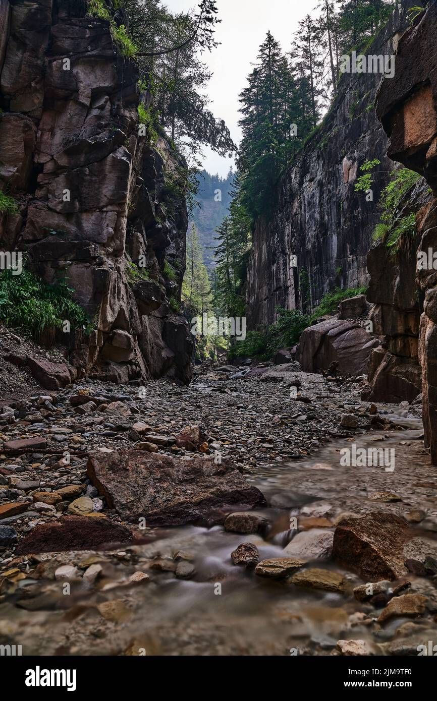 A vertical shot of the Bletterbach gorge in South Tyrol, a geologically ...