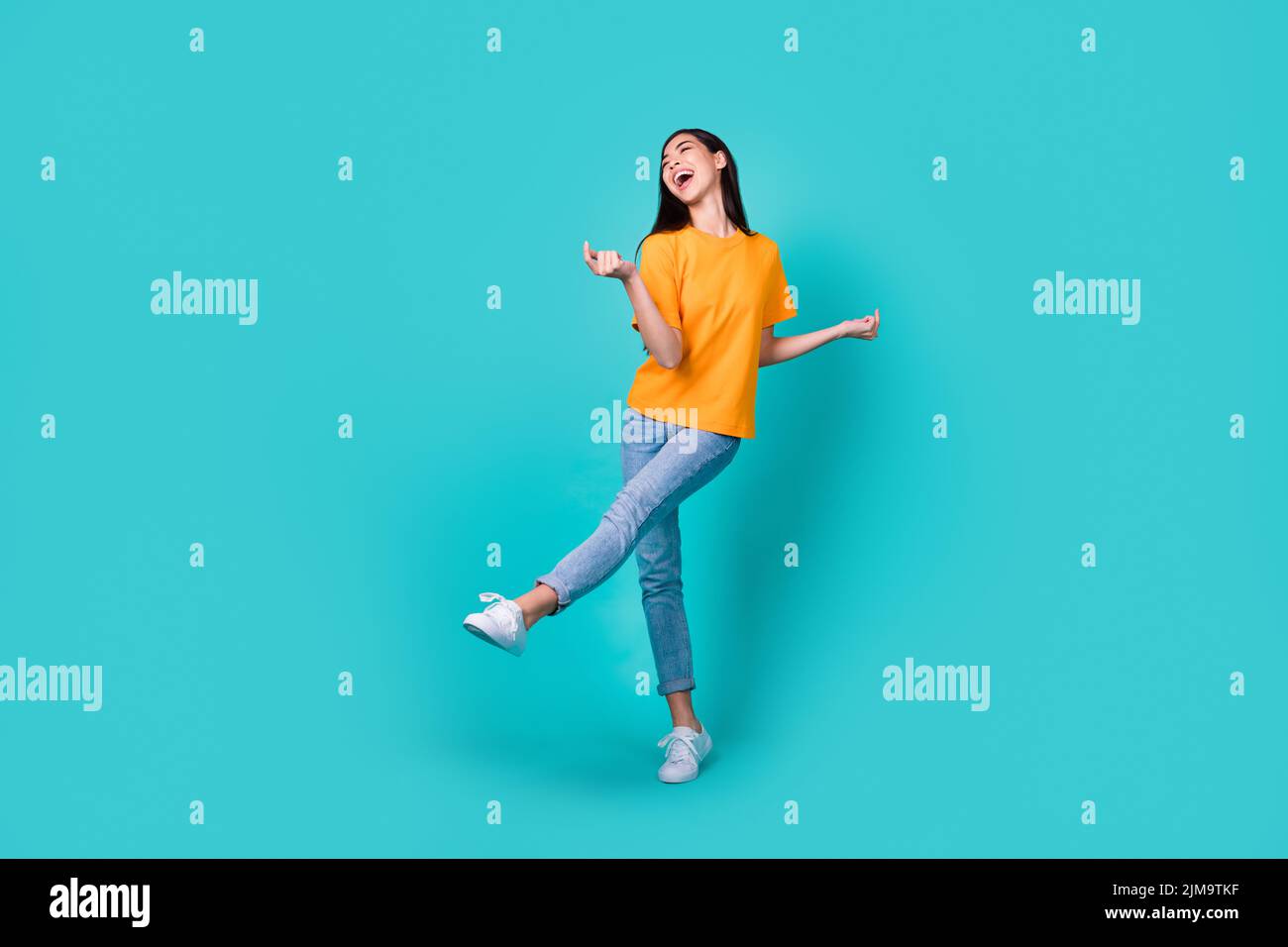 Full size photo of cool millennial lady dance wear t-shirt jeans ...