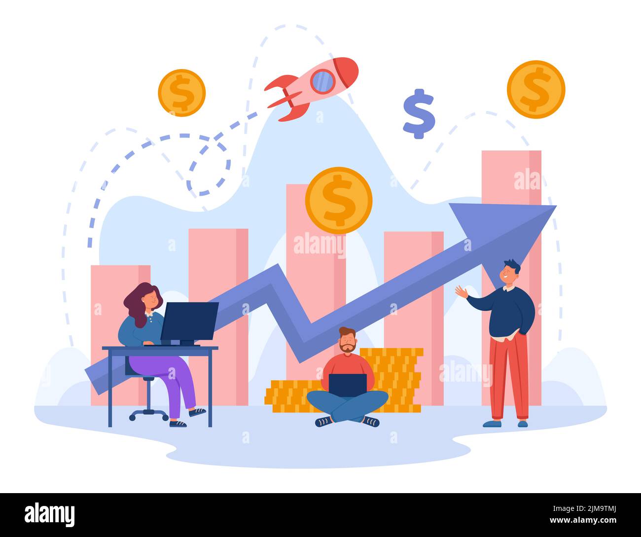 Success of startup managers working near growth of profit chart ...