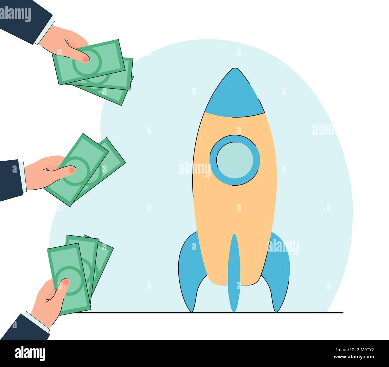 Rocket and hands with banknotes flat vector illustration. People ...