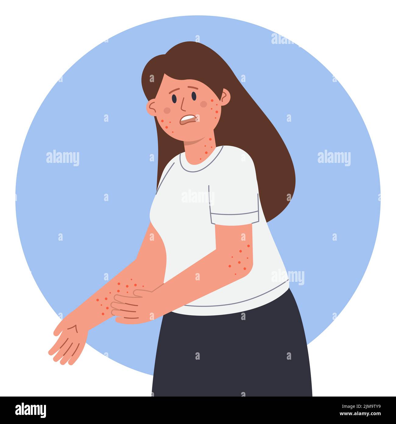 Sad female cartoon character with symptoms of eczema. Woman scratching ...