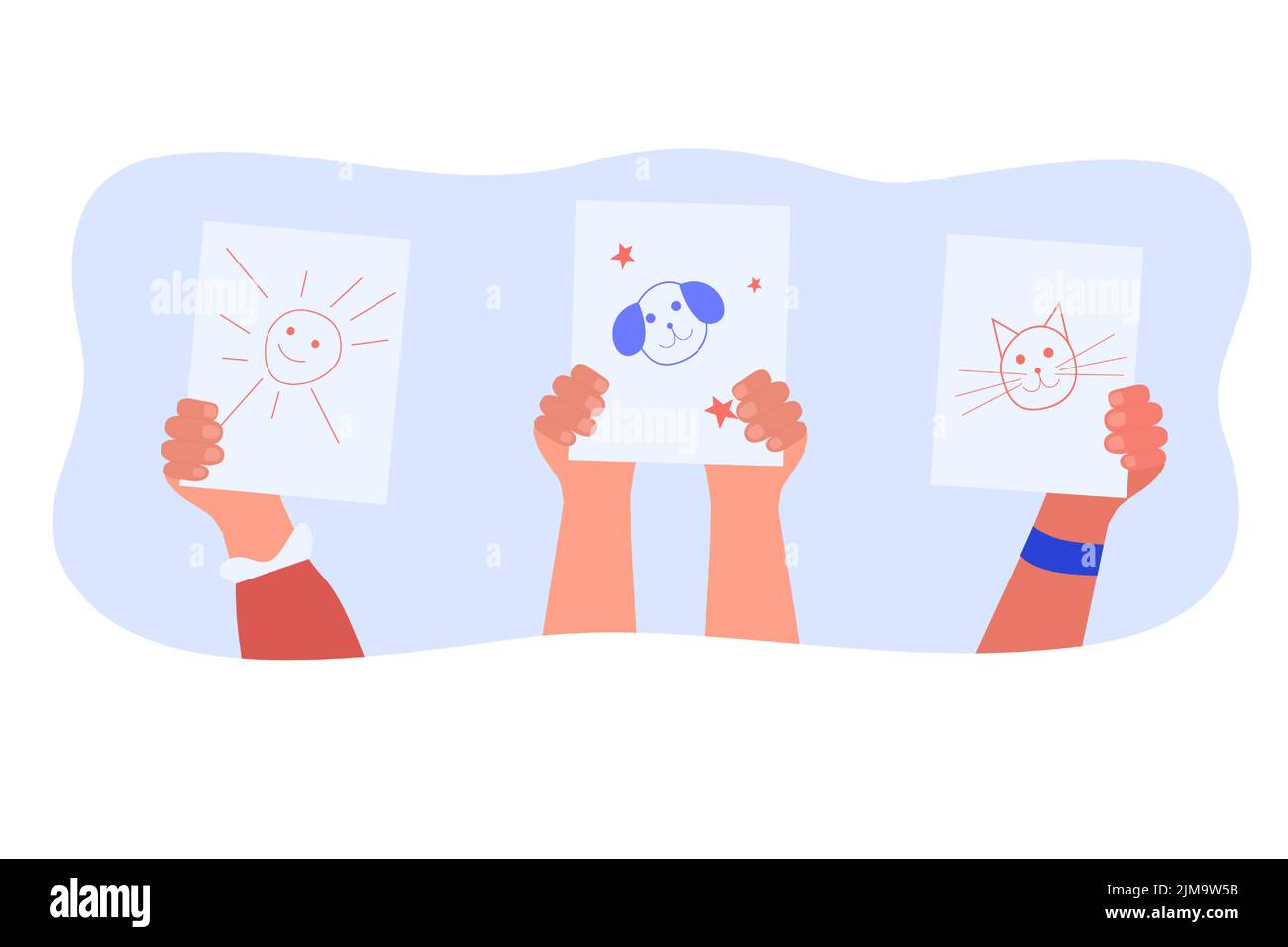 Hands of little artists holding up cute kids pencil drawings. Children ...