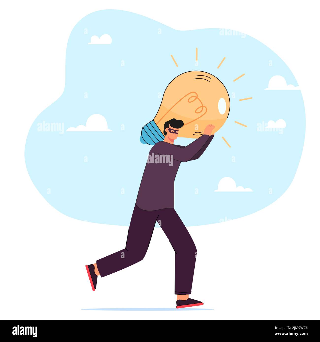 Thief stealing creative idea or product. Tiny man carrying bright light ...