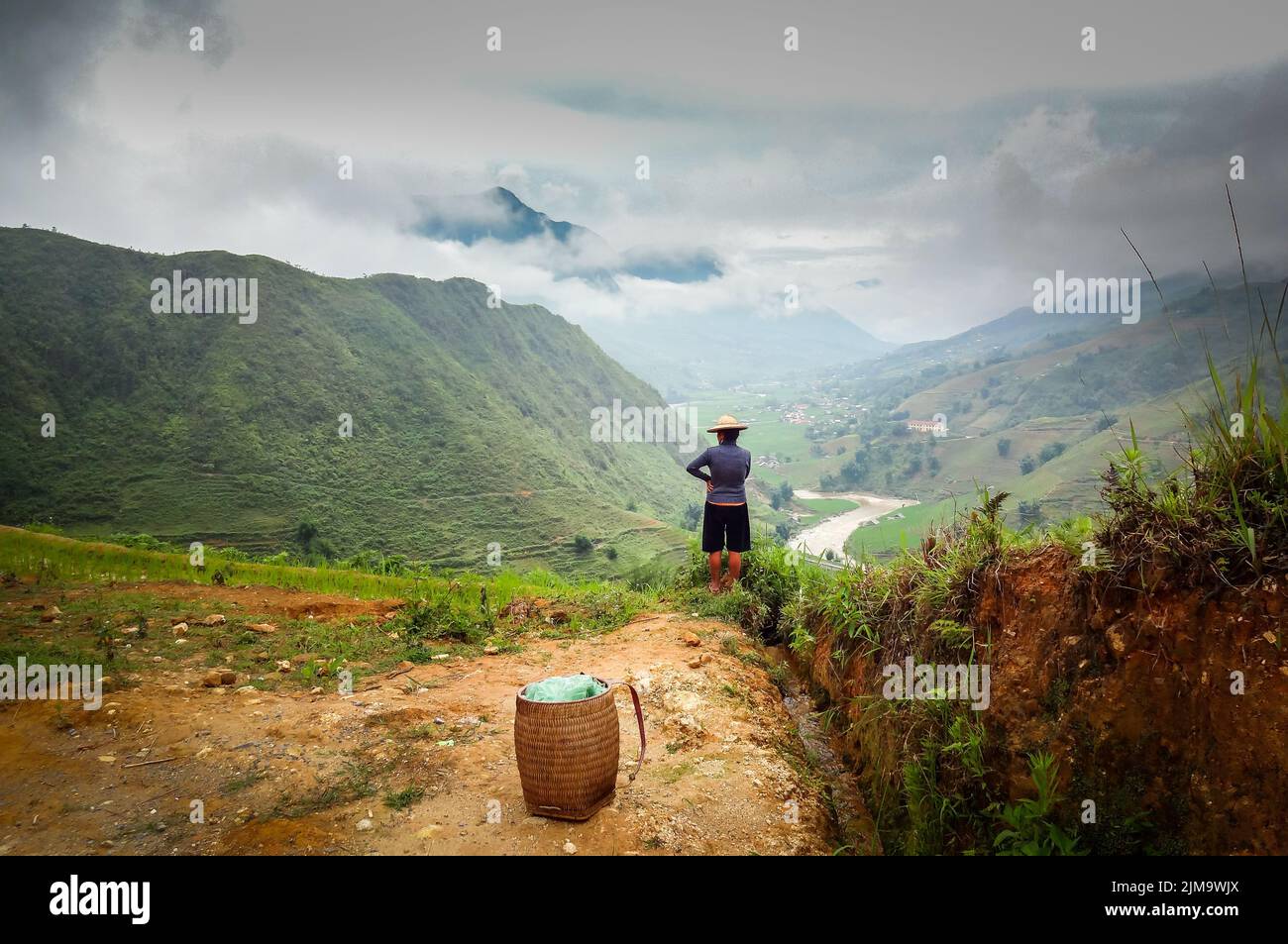 A back view of an Asian man looking to the beautiful landscape with ...