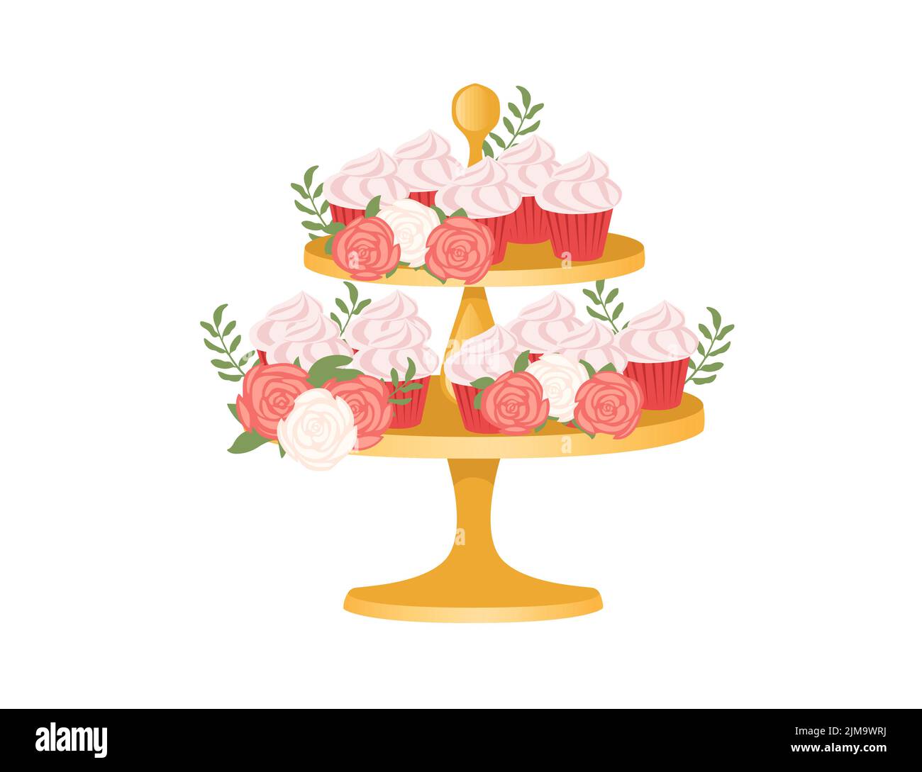 Wedding cakes decorated with rose flowers on gold stand vector ...