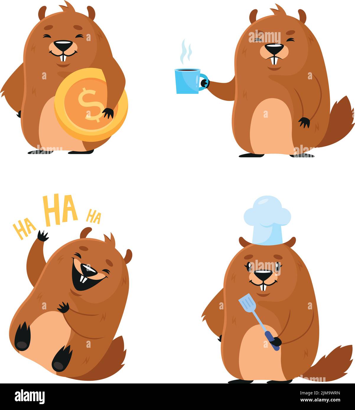 Set of cute cartoon beaver character cooking, drinking coffee, holding ...