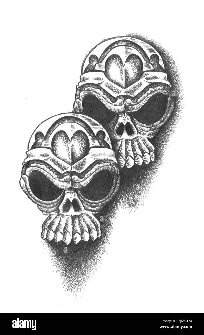 A sketch of spooky skulls against white background. Creative tattoo ...