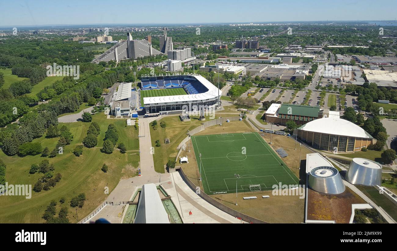 A bird's eye view of the Saputo Stadium in Montreal, Quebec surrounded ...