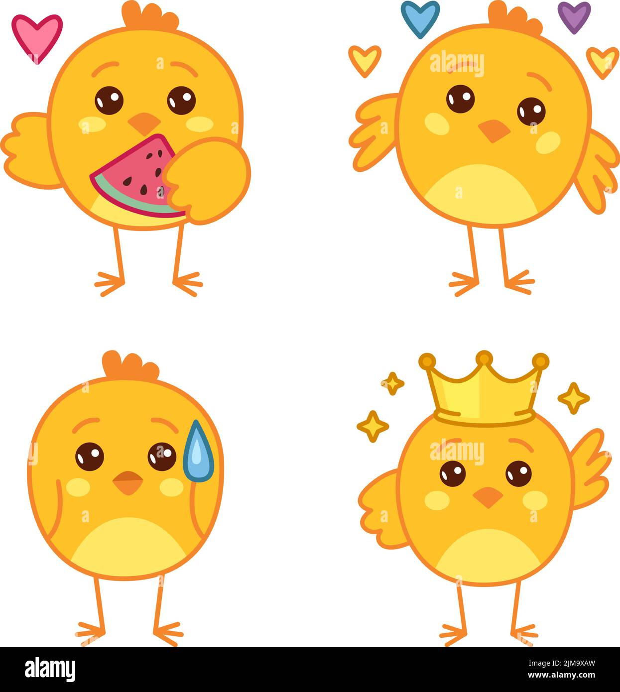 Set of cute hand-drawn chicks eating watermelon, feeling love, confused ...