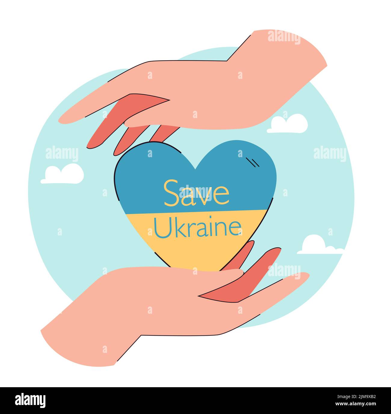 Heart with phrase save Ukraine in caring human hands. People striving ...