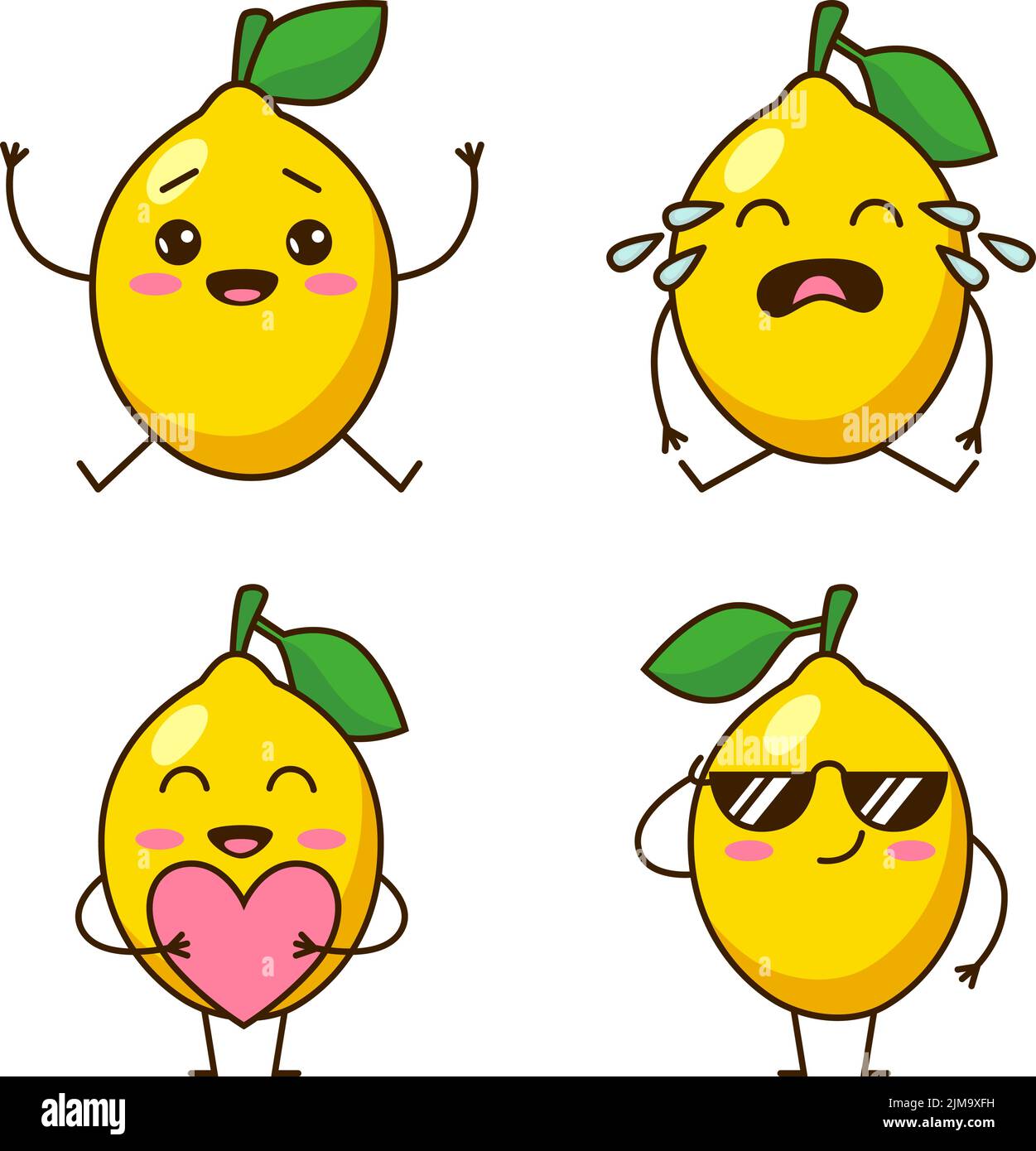 Set of cute hand-drawn lemons smiling, crying, holding heart, wearing ...