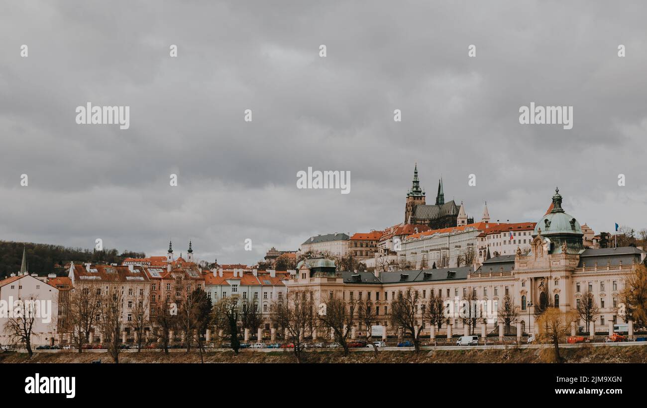 Beautiful historic buildings on a cloudy day in Prague, Czech Republic ...