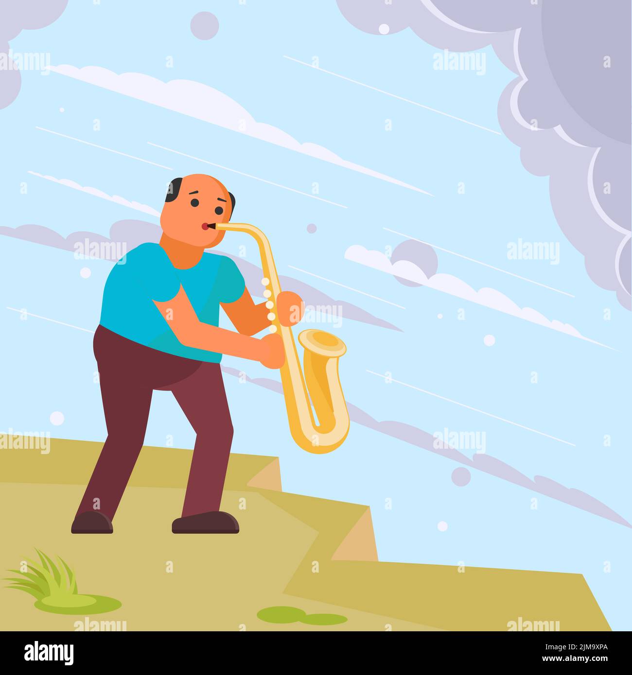 Musician playing saxophone in the street. Vector illustration in flat ...