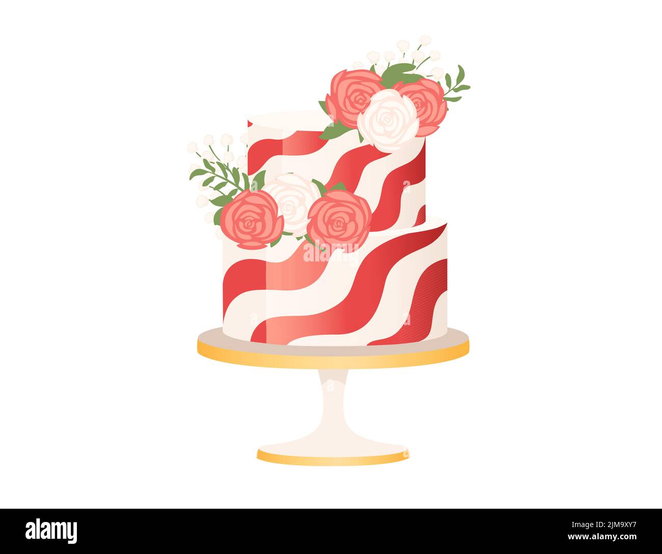 Wedding cake decorated with rose flowers on gold stand vector ...