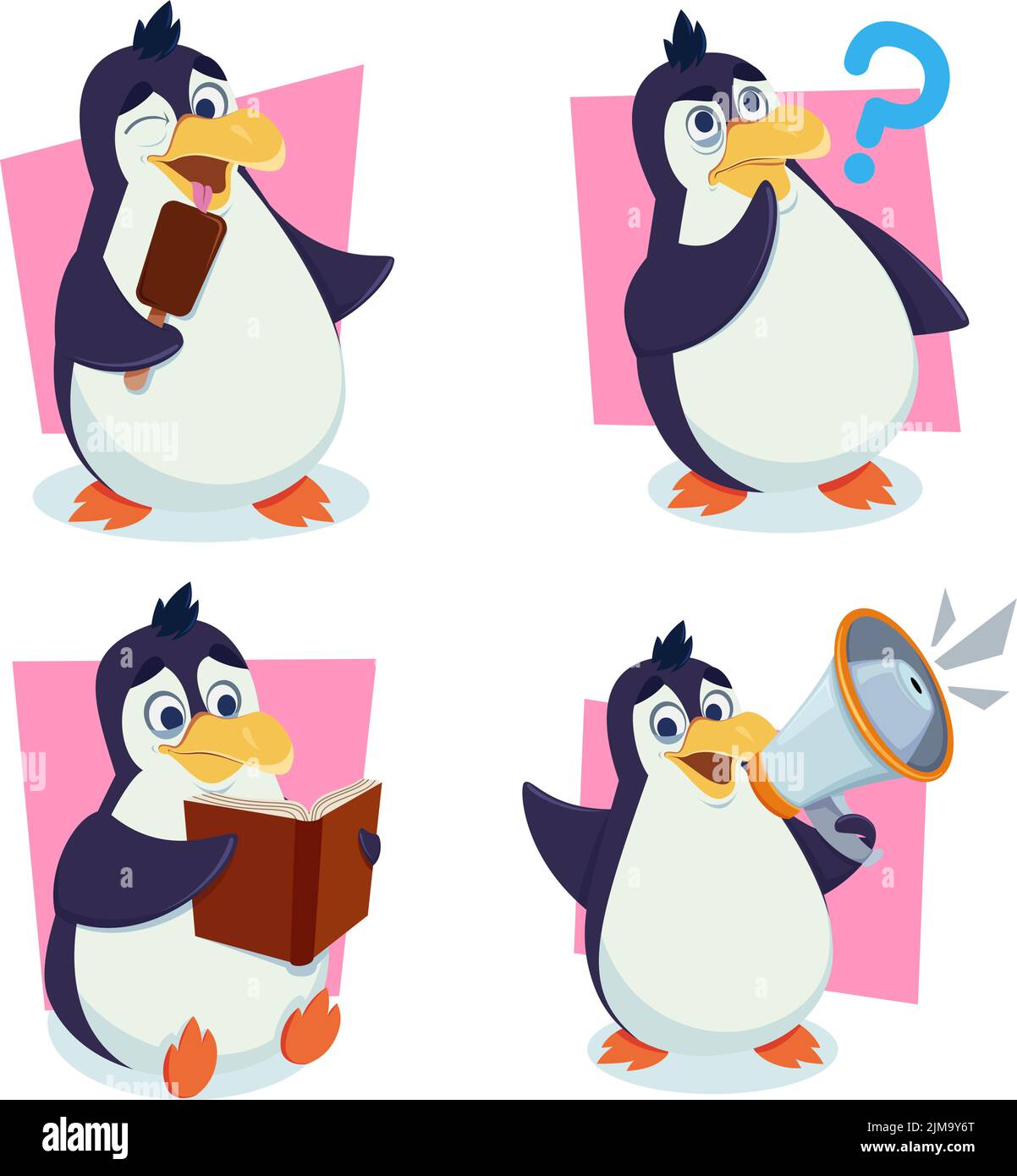 Set of cute hand-drawn penguins eating eskimo, asking questions ...