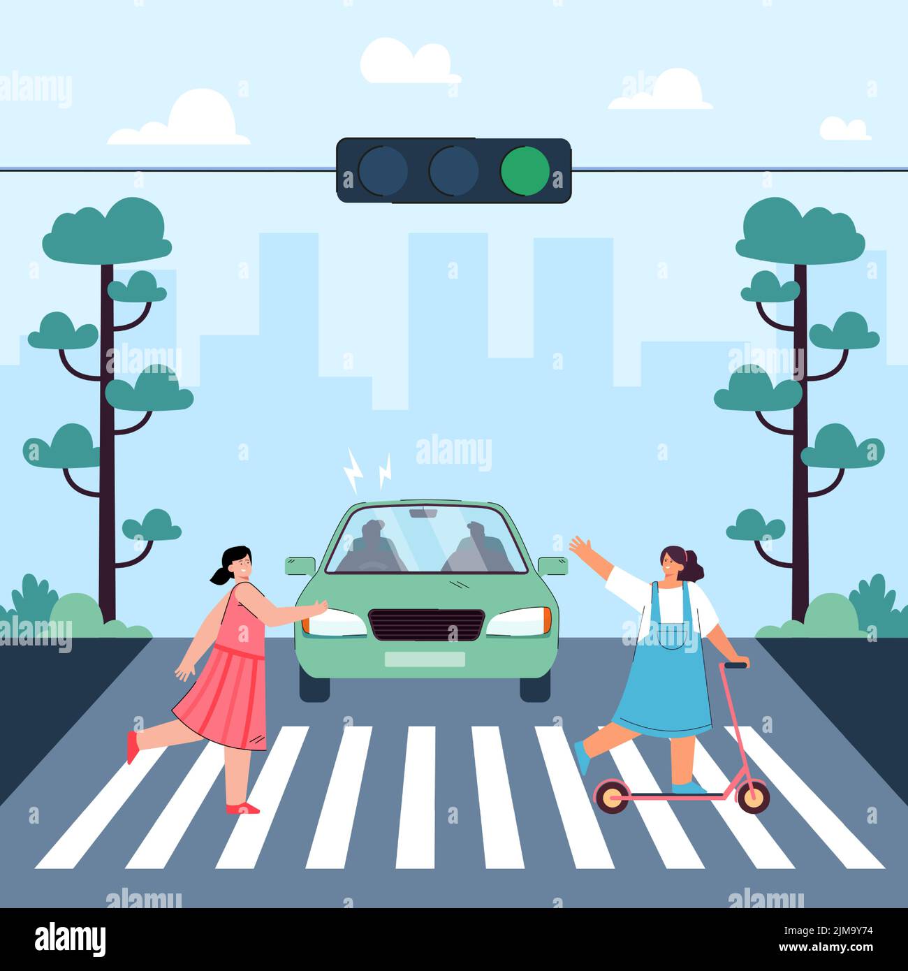 Little cartoon girls crossing street in front of moving car. Driver ...