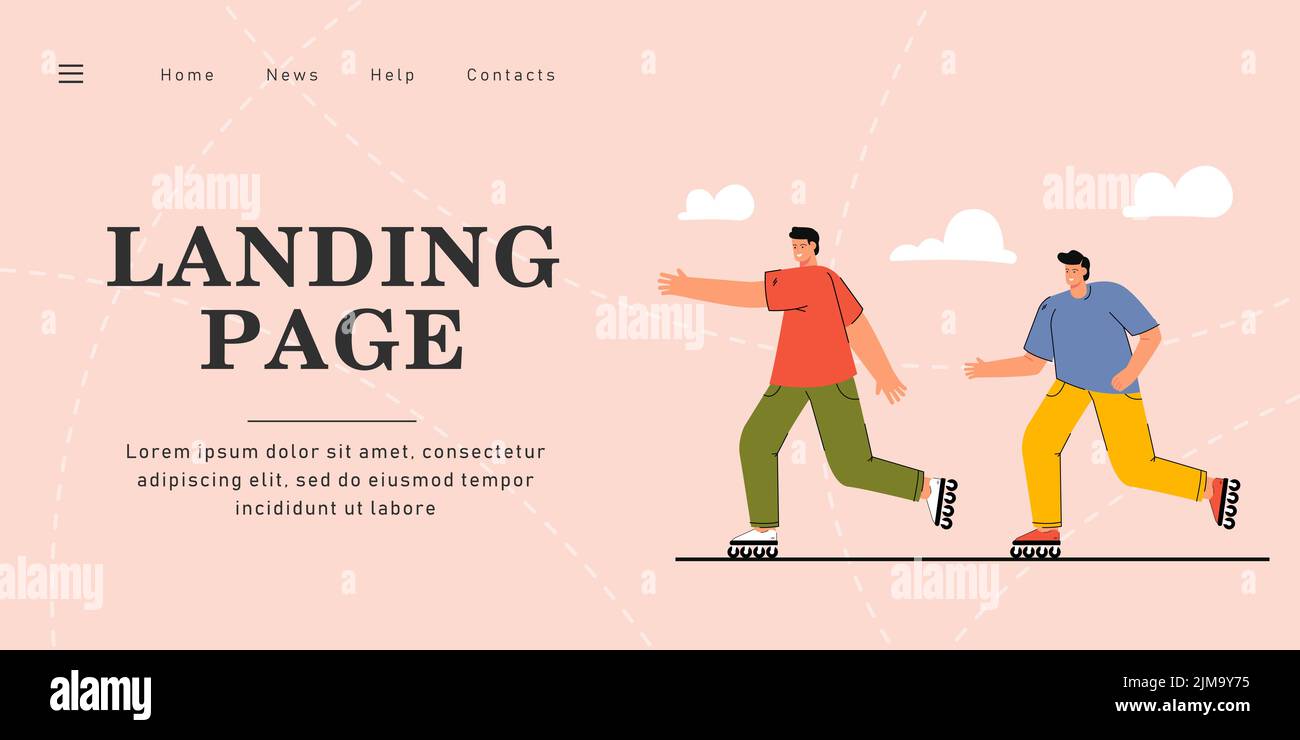 Male friends roller skating together flat vector illustration. Young ...