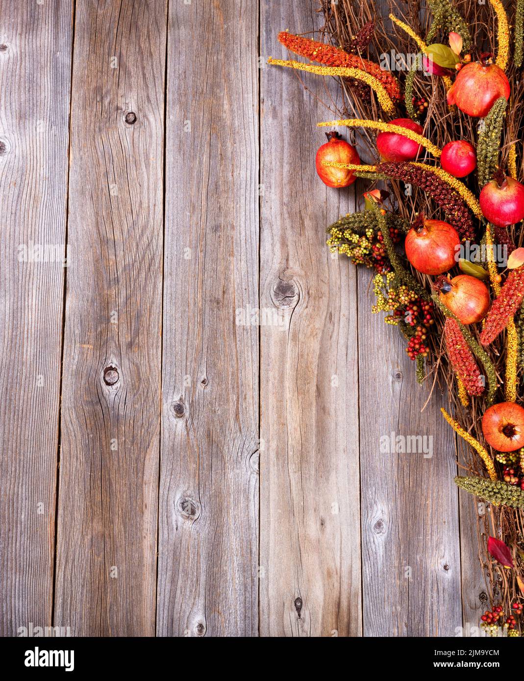 Right side border of autumn holiday decorations on rustic wooden boards ...