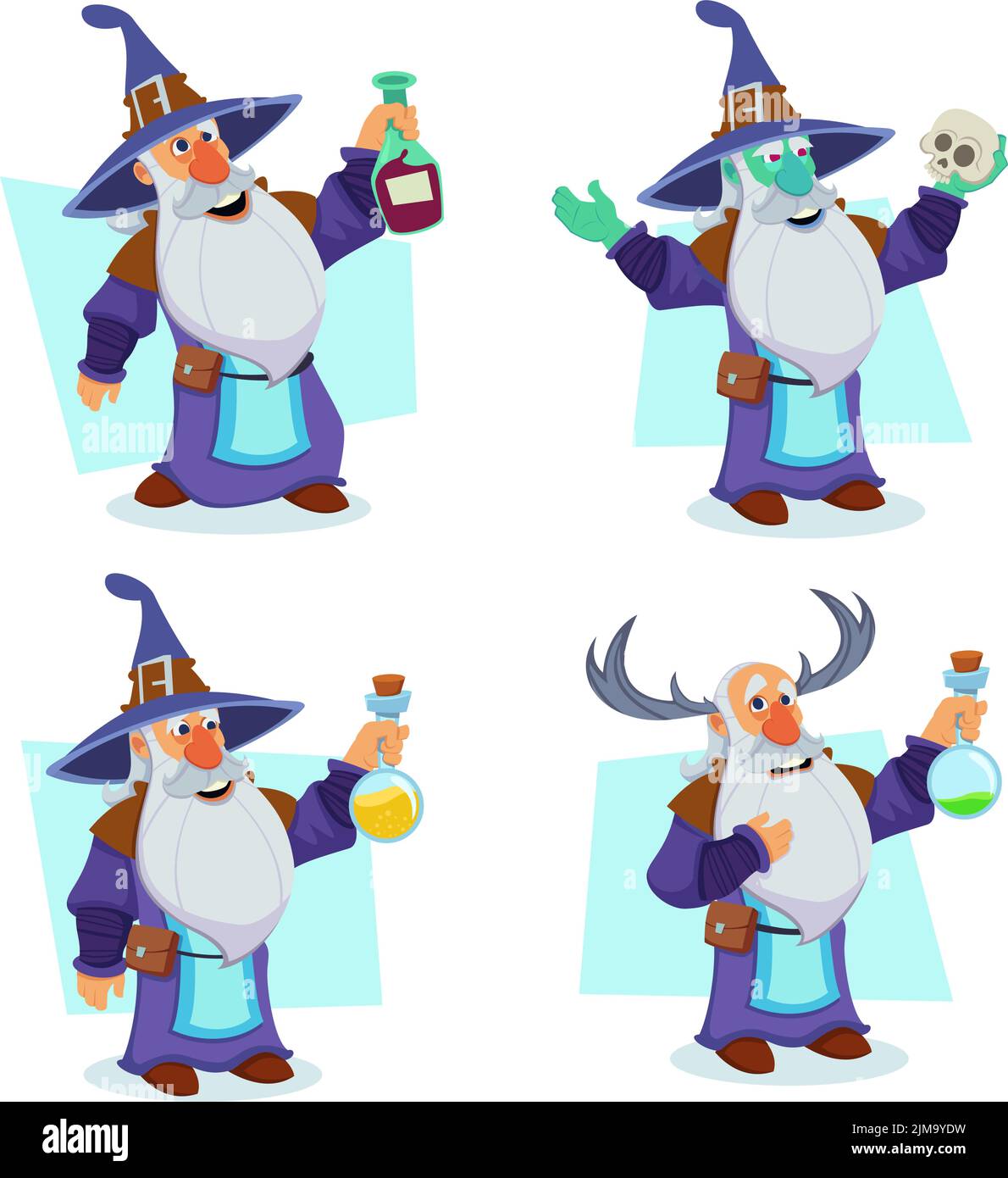 Set of hand-drawn elder wizards holding bottles with potion and skull ...