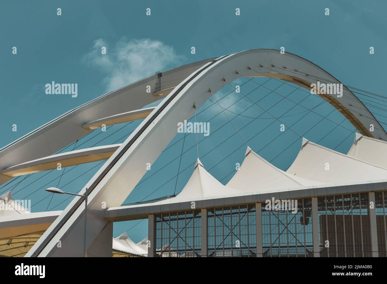 A closeup of the top of the Moses Mabhida Stadium located in Durban ...