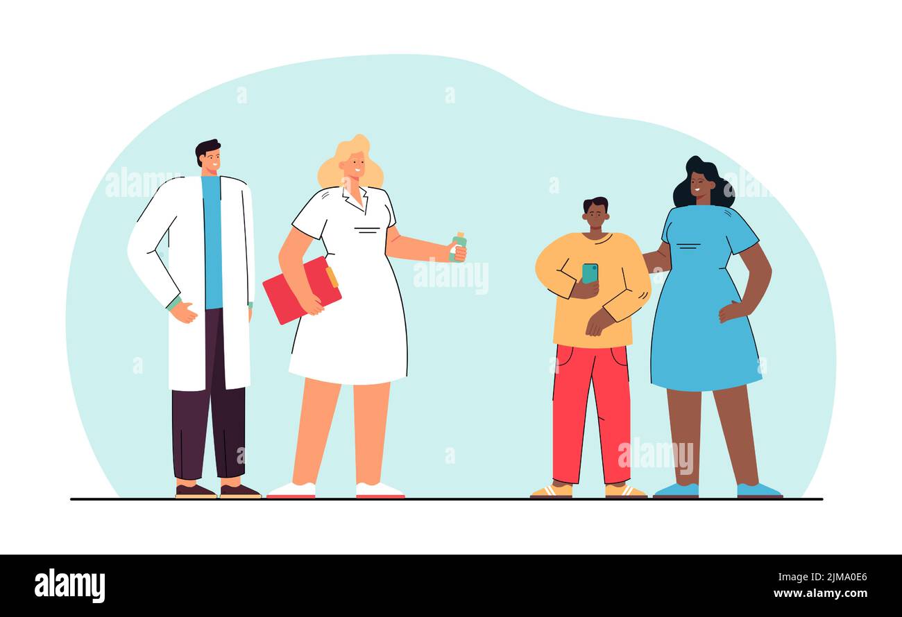 Nurse giving medication to little boy with mother. Doctors prescribing ...