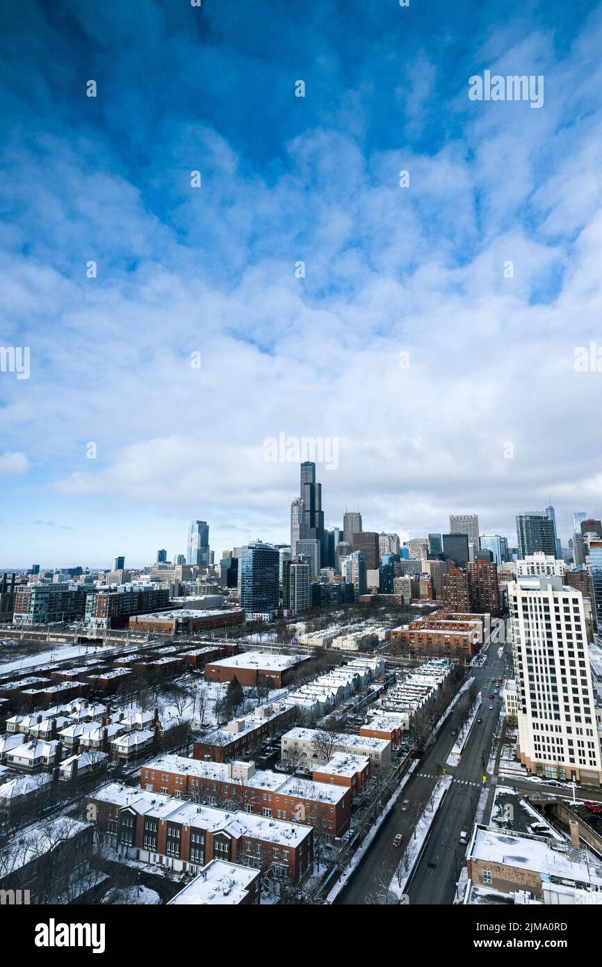 A vertical shot of Chicago cityscape with Sears Tower and Willis Tower ...