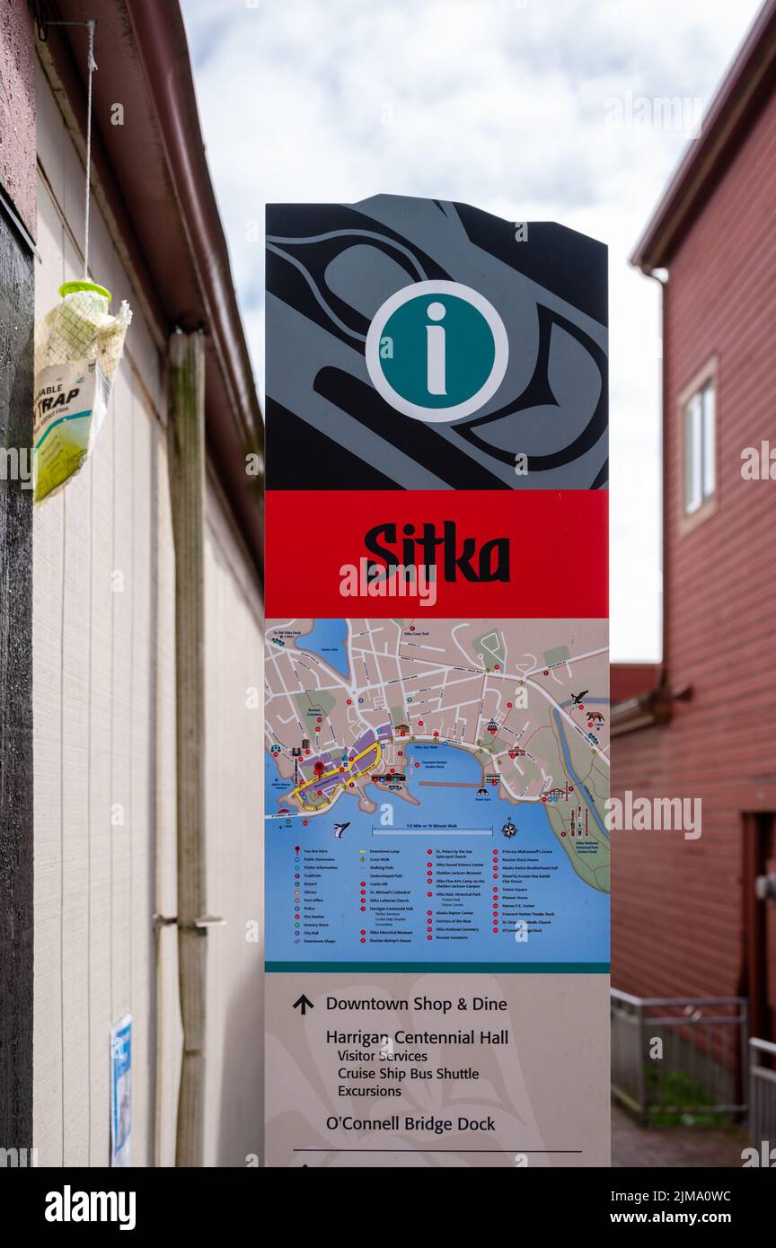Sitka, Alaska - July 26, 2022 - View of a Sitka map sign in downtown ...