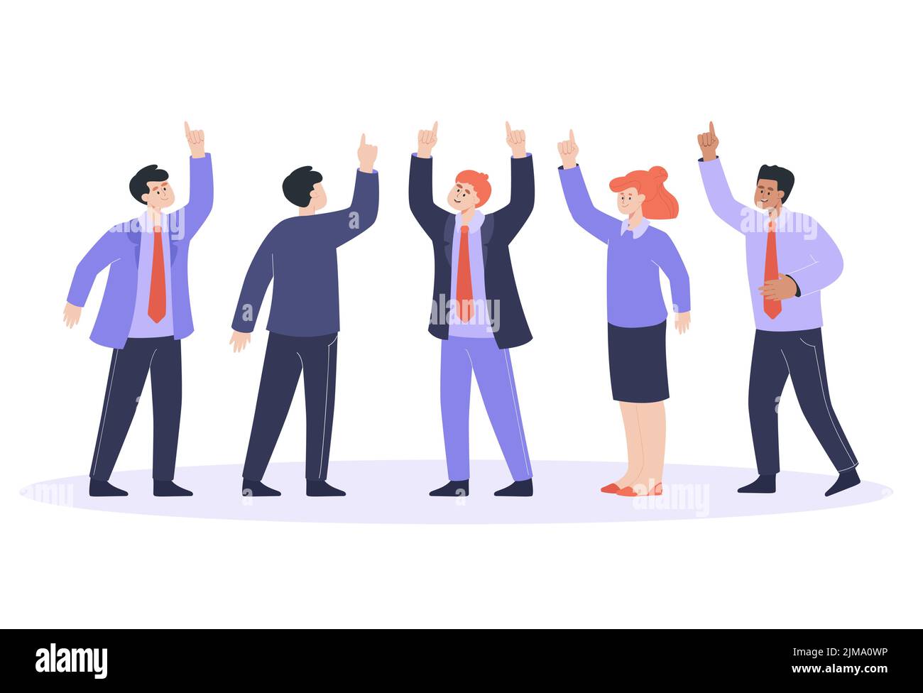 Team of workers pointing fingers upwards. Group of business partners ...