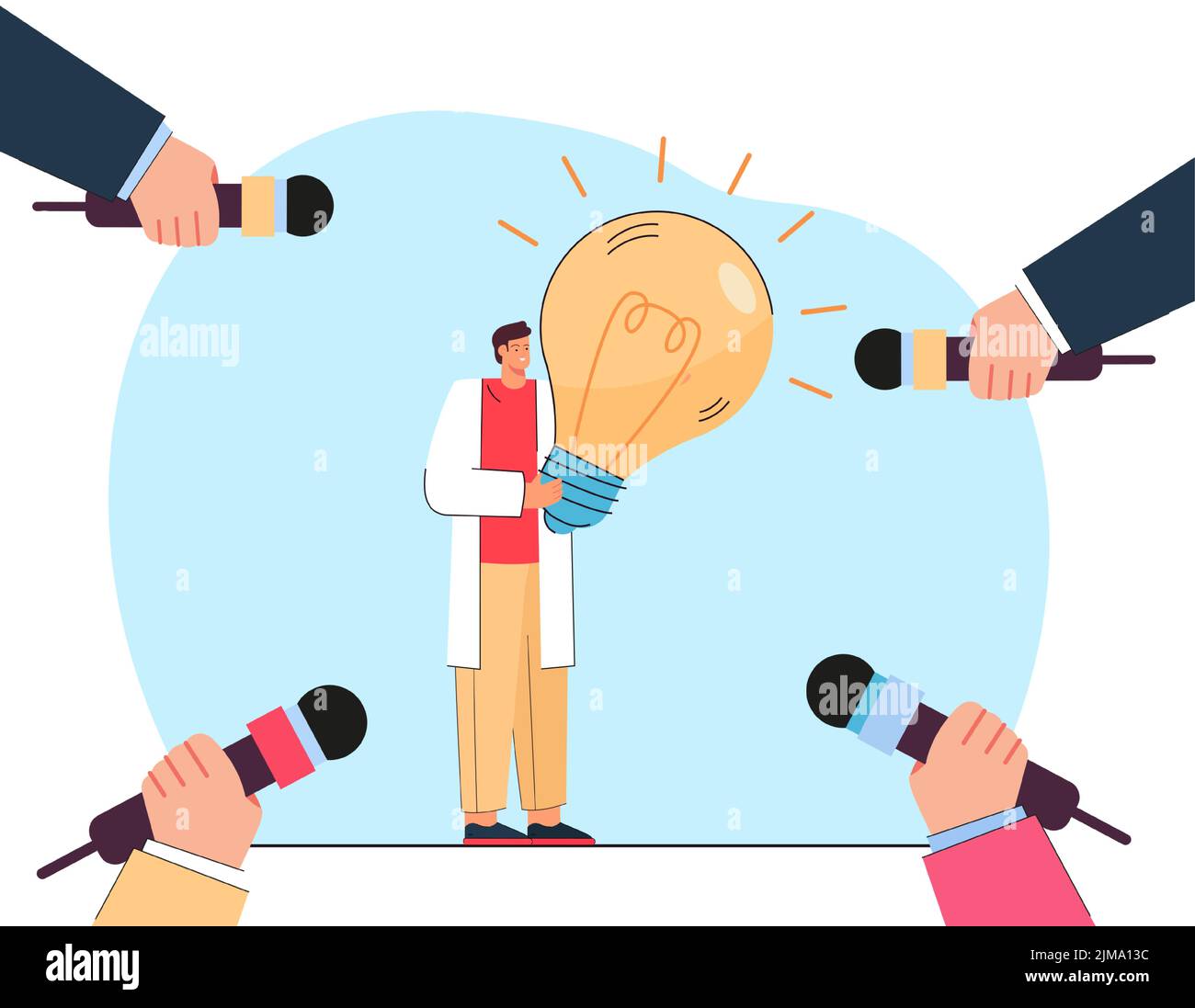 Press conference of scientist holding light bulb. Tiny man surrounded ...