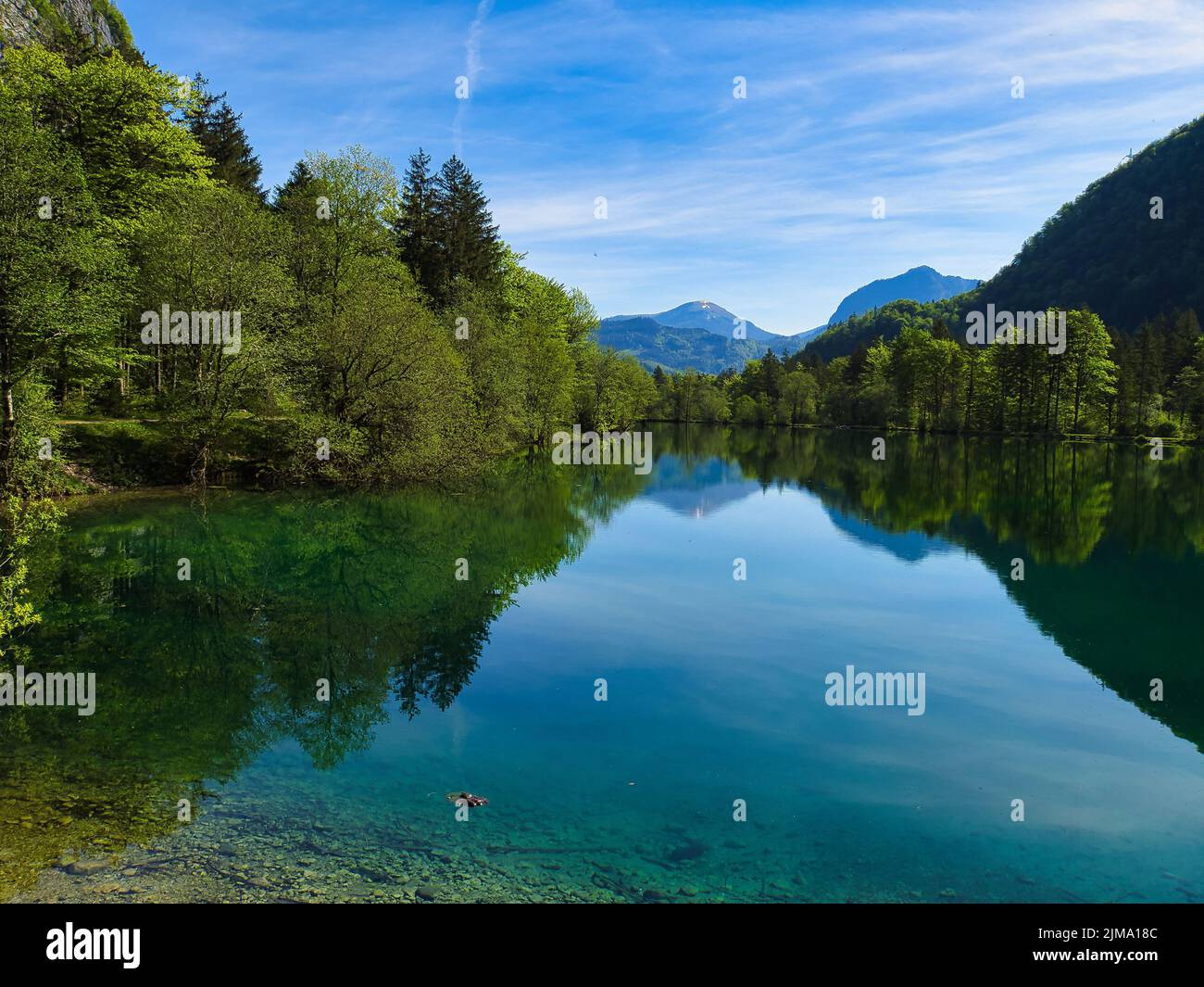 A beautiful view of the calm lake with reflection of trees in the water ...