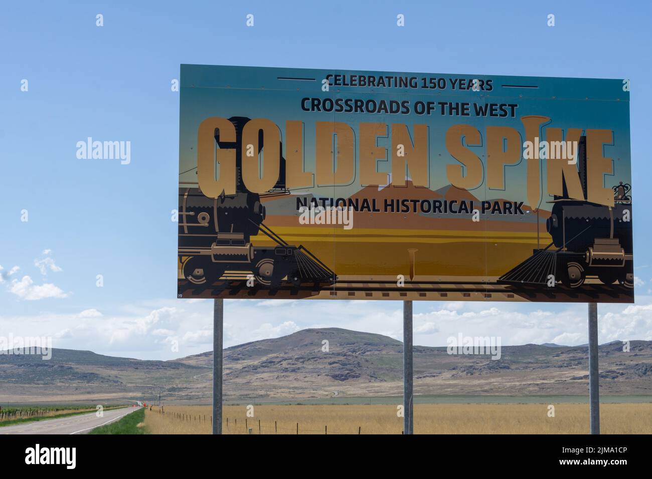 A golden spike historic steam train sign board Stock Photo - Alamy