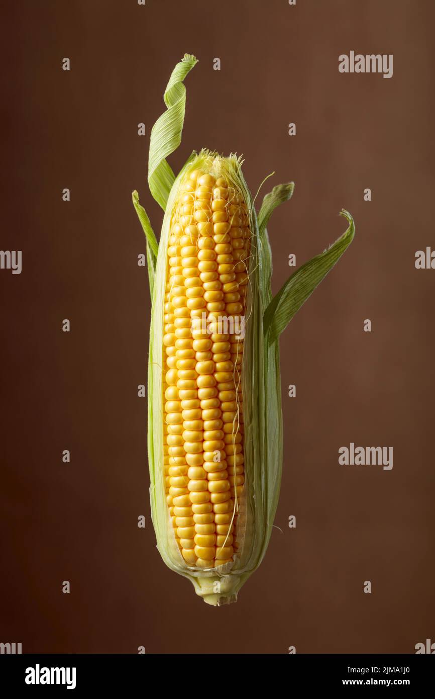 Fresh corn on cob on a brown background Stock Photo - Alamy