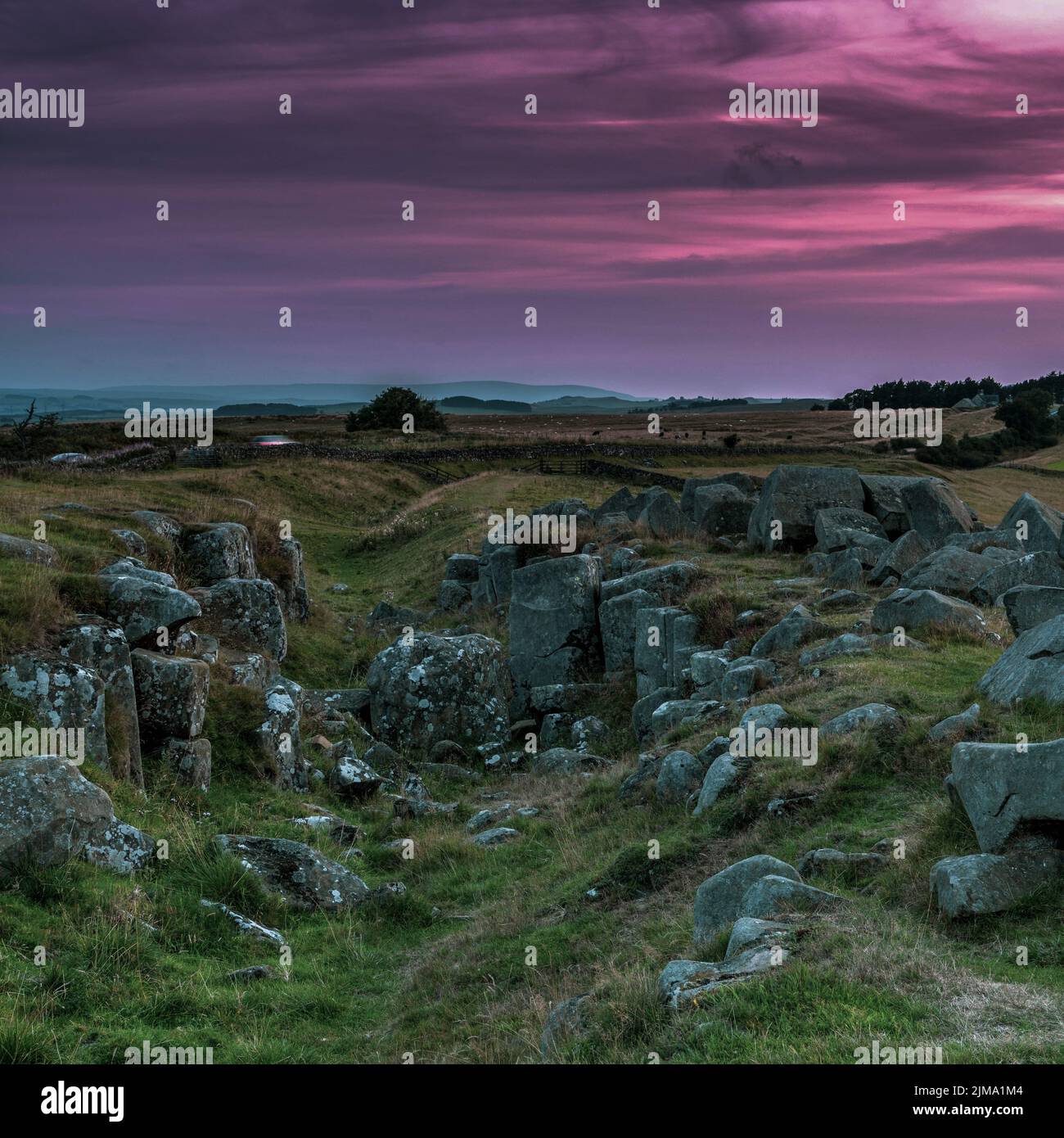 The Limestone Corner on Hadrian's Wall against scenic sunset Stock ...