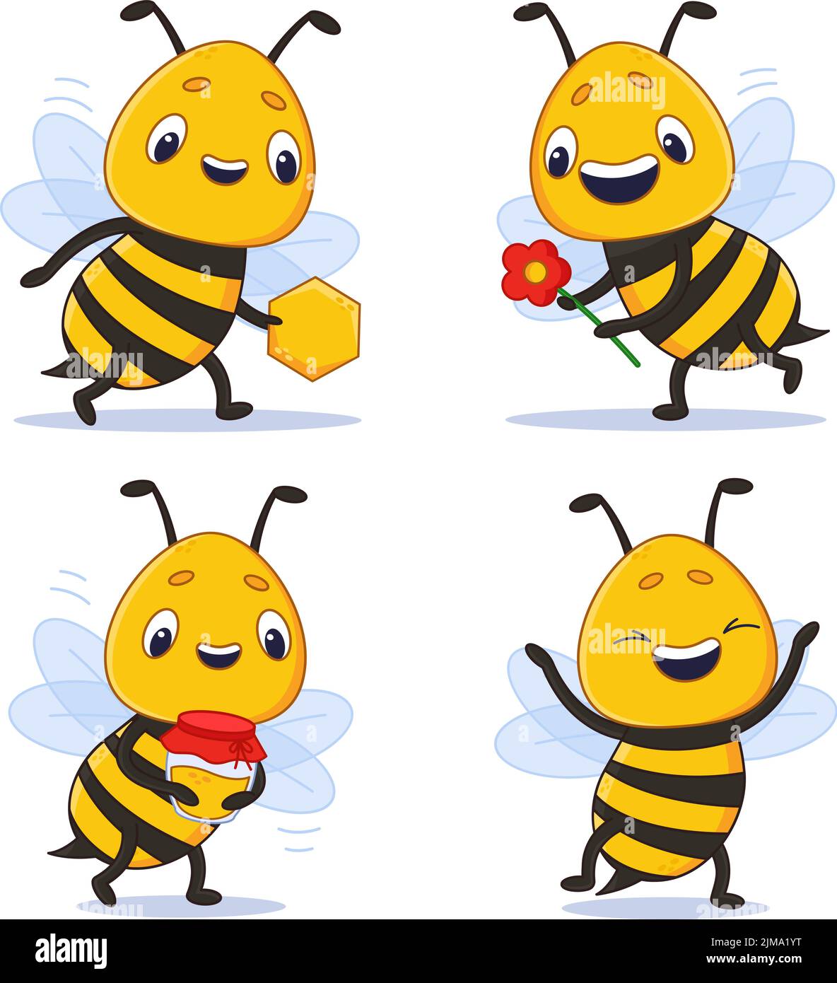 Set of cartoon happy bee holding flower, jar of honey and honeycomb ...