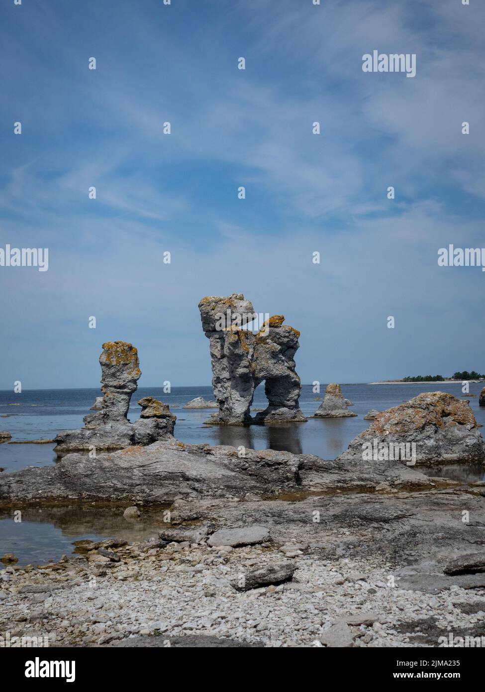 The scenic Raukar coast on Gotland, Sweden. Cliff limestone formation ...