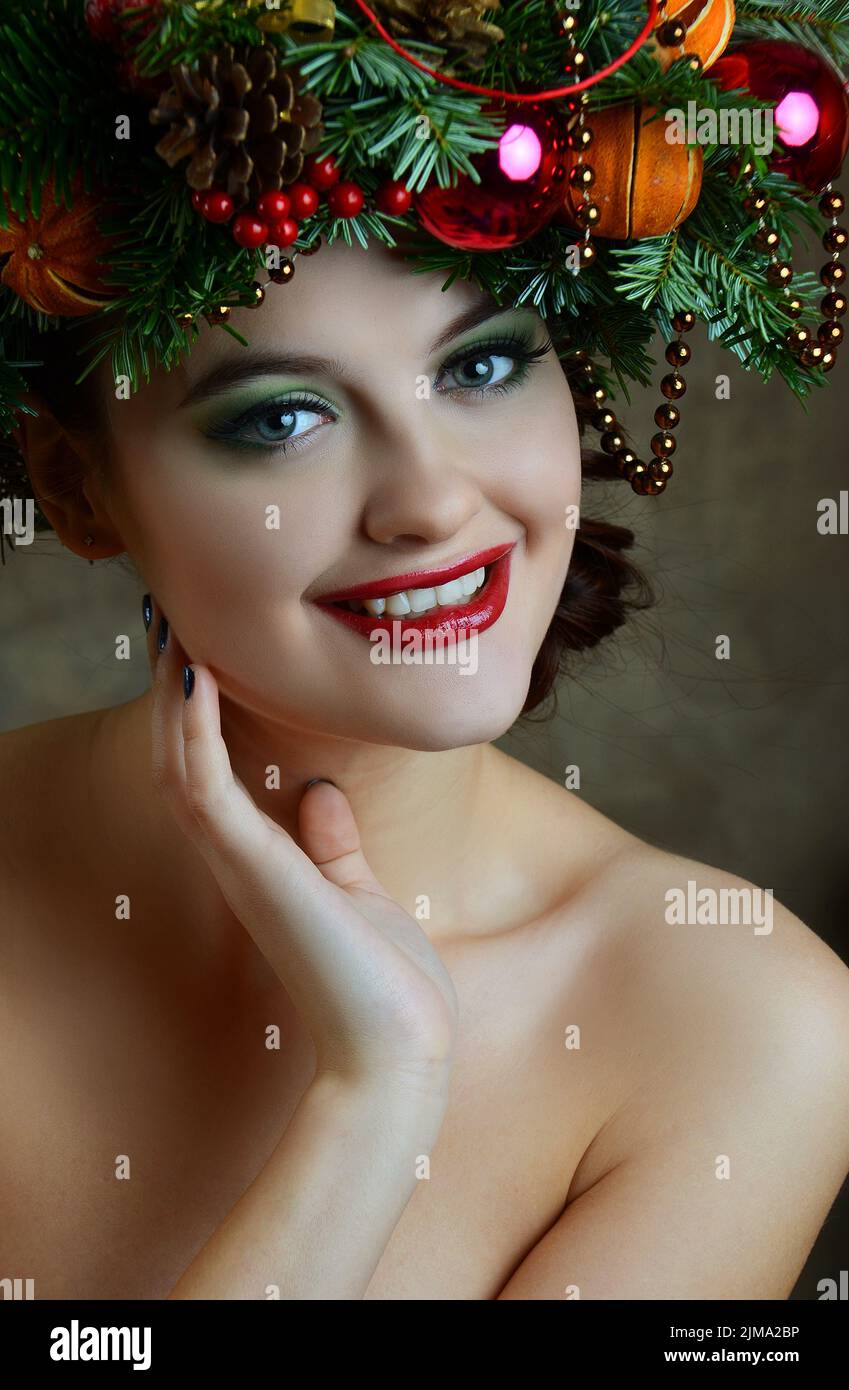 Christmas Woman. New Year and Christmas Holiday Hairstyle and Make up ...