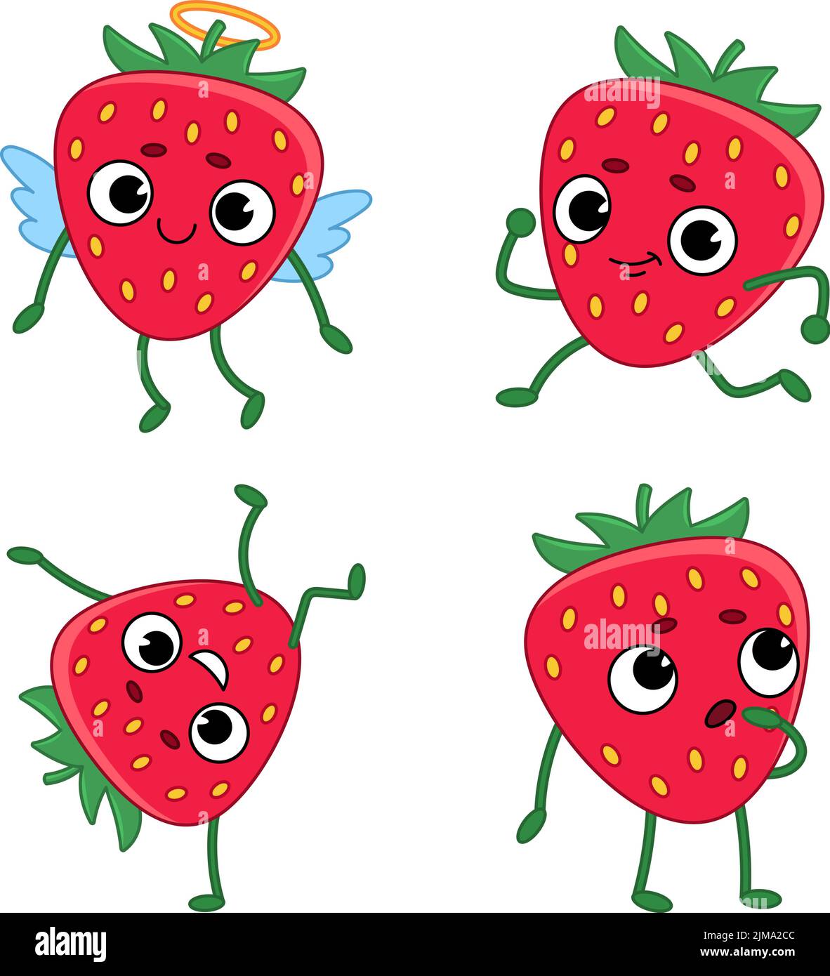 Set of cute hand-drawn cartoon strawberry characters flying as angel ...