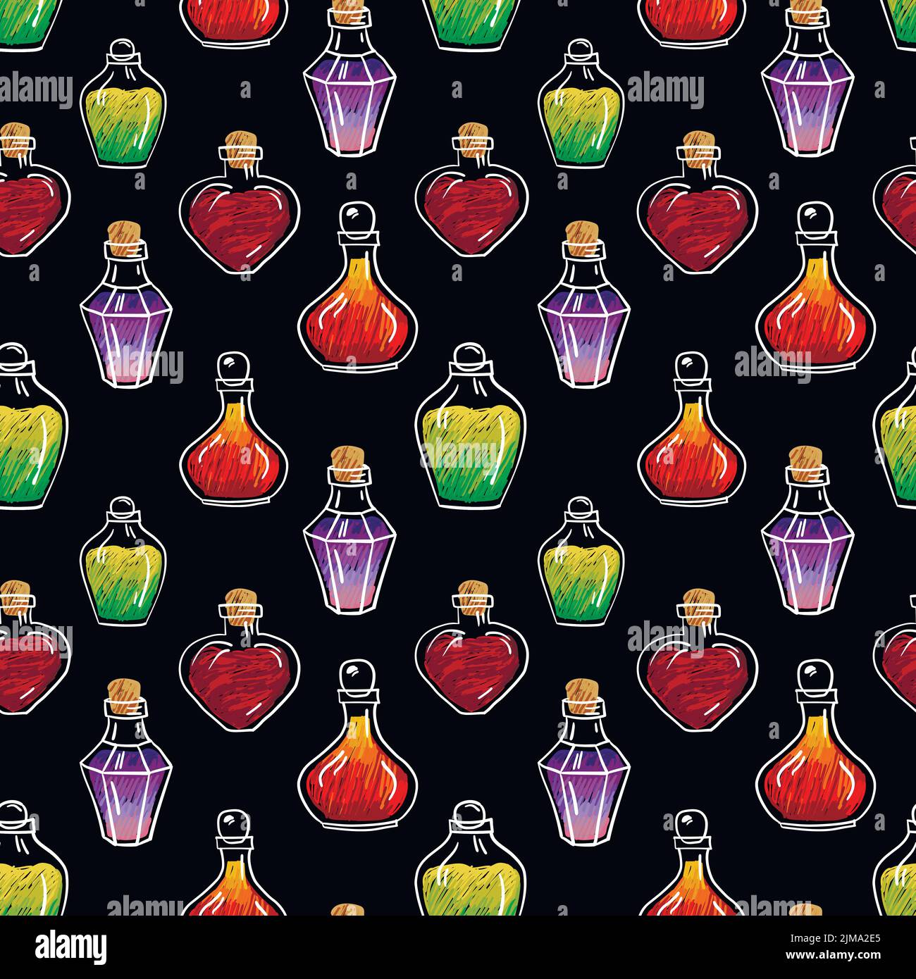 Hand drawn vector seamless pattern of glass bottles with colorful magic ...